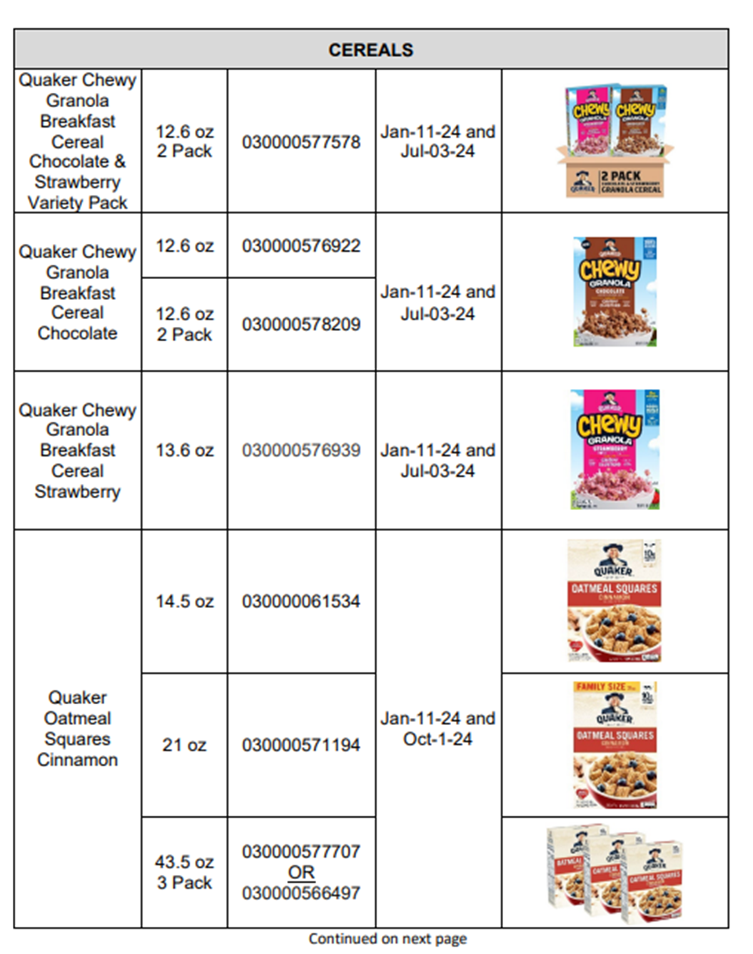 Quaker Recall Expansion - Stater Bros. Markets