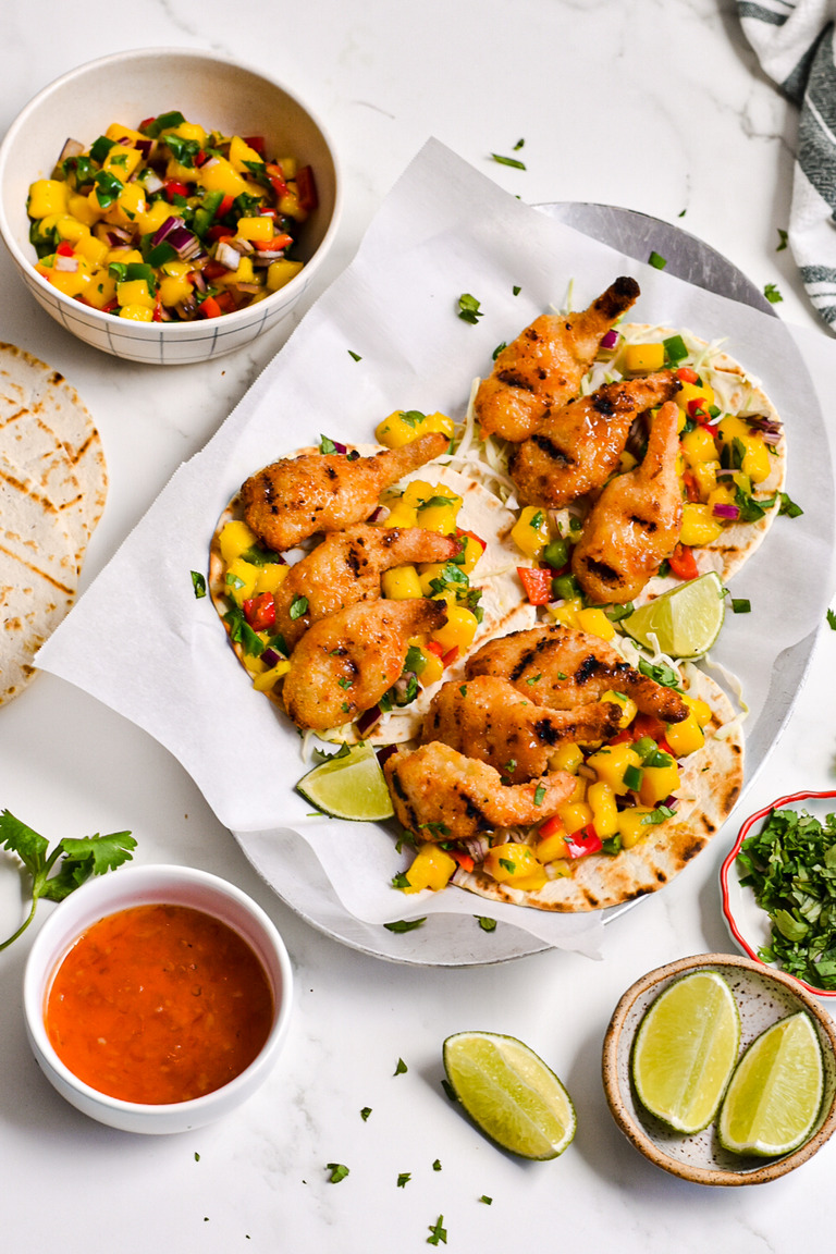 Grilled Butterfly Shrimp Tacos with Sweet & Spicy Sauce and Mango Salsa ...